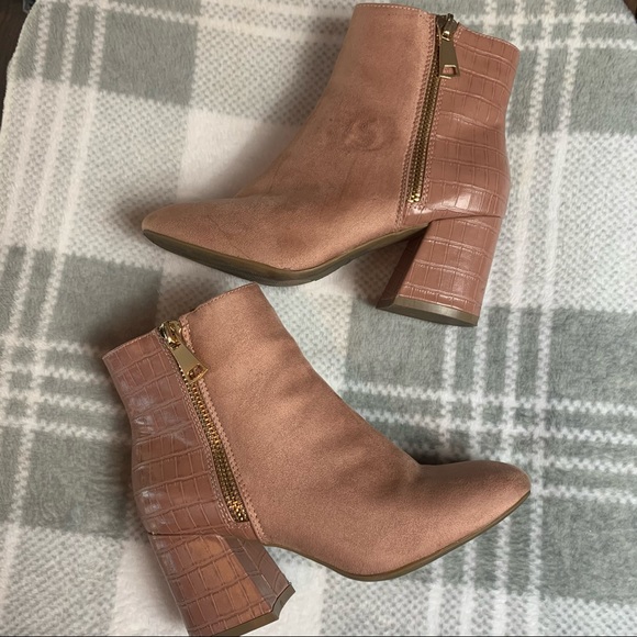 Shoes | Pink Suede Heeled Booties With Zipper | Poshmark